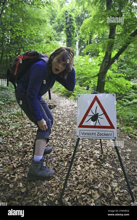 A Hiker Fears A Tick Bite Warning Sign Caution Ticks Insects Hesse