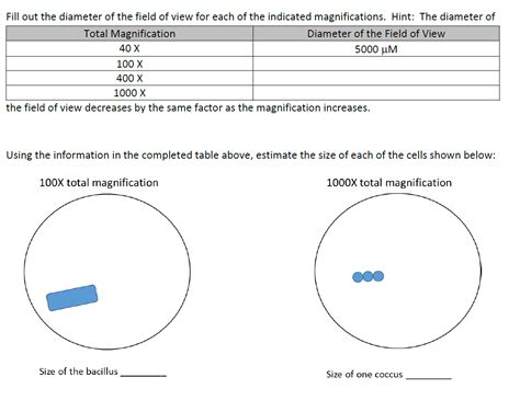 Solved Fill Out The Diameter Of The Field Of View For Each Chegg Com