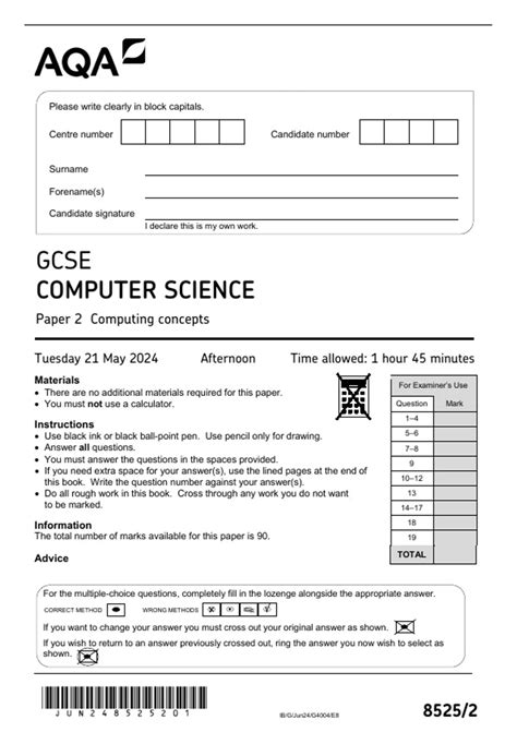 Aqa Gcse Computer Science Paper 2 Question Paper 2024 8525 2 Computing Concepts Aqa Gcse