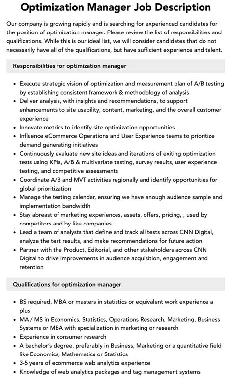 Optimization Manager Job Description Velvet Jobs