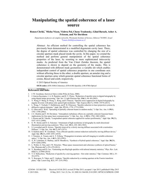 Pdf Manipulating The Spatial Coherence Of A Laser Source