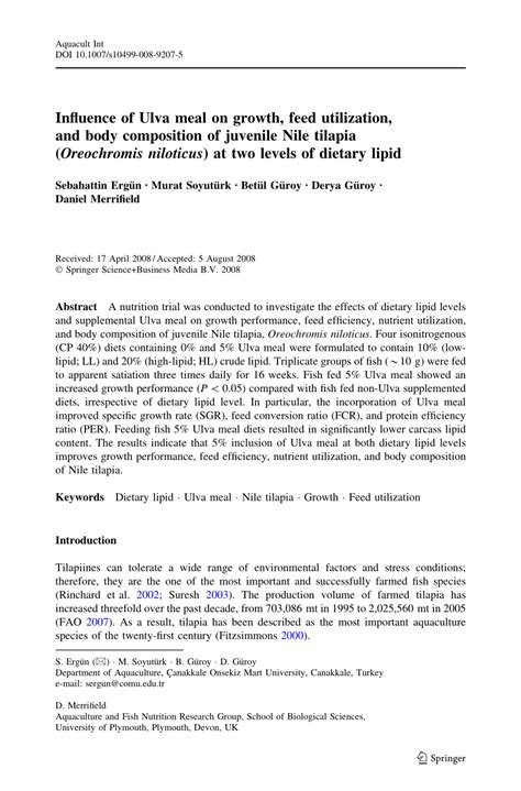 Pdf Influence Of Ulva Meal On Growth Feed Utilization And Body Composition Of Juvenile Nile