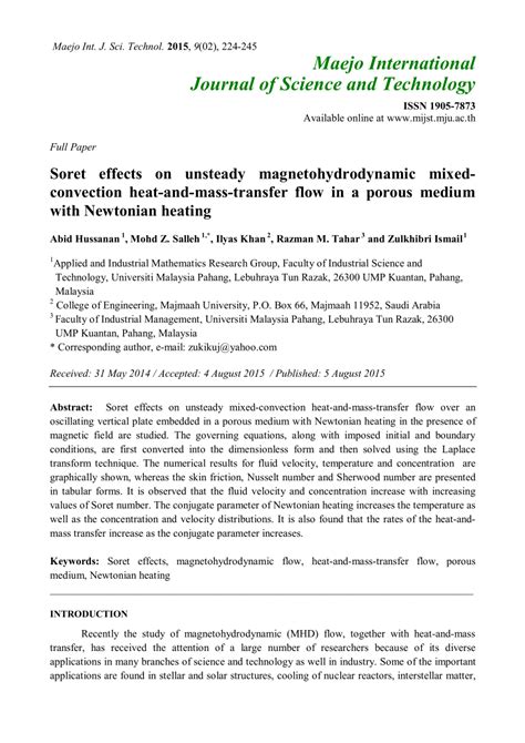 Pdf Soret Effects On Unsteady Magnetohydrodynamic Mixed Convection Heat And Mass Transfer Flow