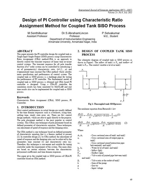 Design Of Pi Controller Using Characteristic Ratio Assignment Method For Coupled Tank Siso