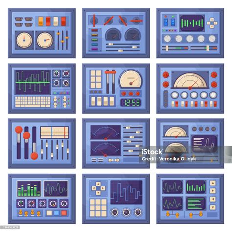 전기 대시보드 차트 버튼 및 튜너가 있는 제어판 복고풍 대시보드 컨트롤 패널은 벡터 일러스트 집합을 요소입니다 우주선 인터페이스