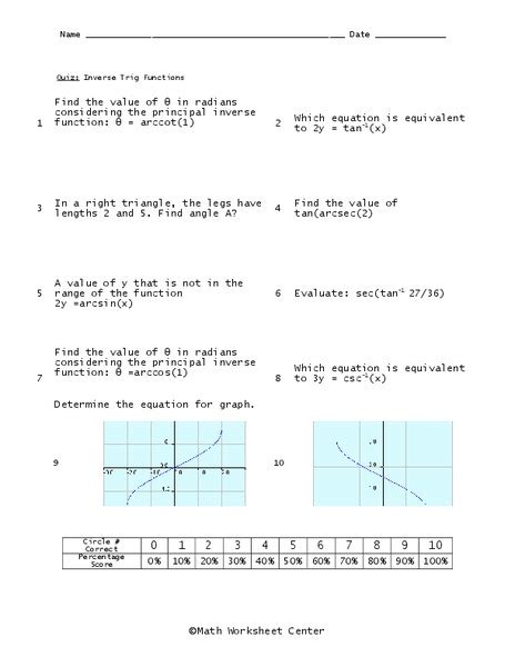 Inverse Trig Functions Worksheet For 10th 11th Grade Lesson Planet