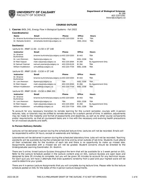BIOL 241 Lecture 01Fall 2022 Department Of Biological Sciences BI 186 403 220 Biosci Ucalgary