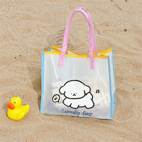 자영이꺼 여름 바캉스가방 매쉬 투명 비치백 물놀이 Pvc 캐릭터 수영복 방수 가방 숄더백 러블리데이 흰둥이