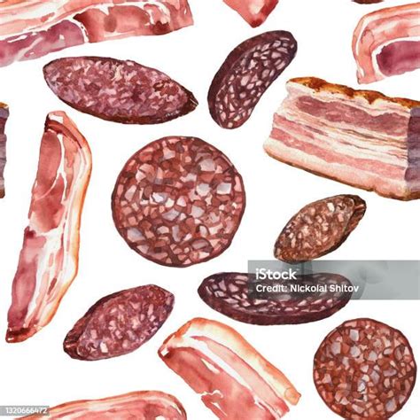 원활한 패턴 베이컨 햄 소시지 아침 식사에 대 한 돼지고기 고기 맛있는 음식 메뉴 디자인 수채화 수채화에 대한 스톡 벡터 아트 및 기타 이미지 Istock