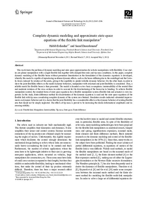 Pdf Complete Dynamic Modeling And Approximate State Space Equations Of The Flexible Link