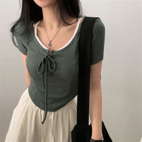 핏보장일체형~ 온앤온 코르셋 레이어드 크롭 반팔티셔츠 3color 에이블리