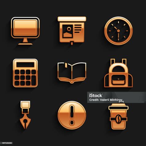 펼쳐진 책 말풍선 및 느낌표 커피 컵 학교 배낭 분수 펜촉 계산기 시계 및 컴퓨터 모니터 아이콘을 설정합니다 벡터 가리키기에