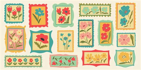 복고풍 만화 꽃 프레임 그림 세트 빈티지 스타일의 플라워 디자인 컬렉션입니다 기하학적 그리드 모자이크 자연 꽃다발 장식 봄 시즌 자연 꽃 0명에 대한 스톡 벡터 아트 및