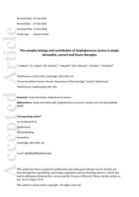 Pdf The Complex Biology And Contribution Of Staphylococcus Aureus In Atopic Dermatitis