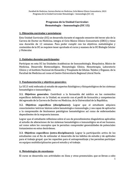 Programa Uc 13 Hematología Inmunología 2023 Pdf Sistema Inmune