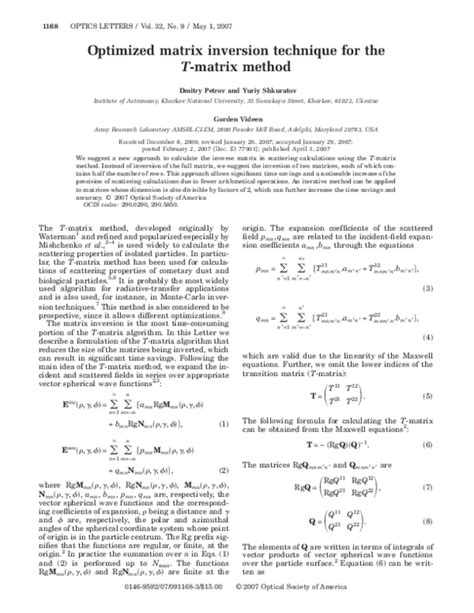 pdf optimized matrix inversion technique for the t matrix method