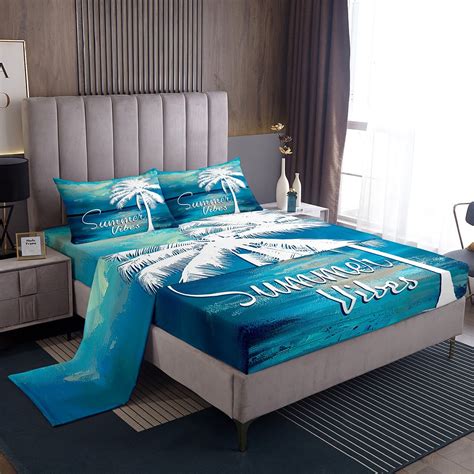 Hawaii Beach Bed Sheets Set Tropical Palm Tree Sheet Set Fullblue