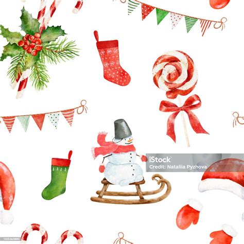 눈사람 사탕 지팡이 홀리 와 흰색 배경에 고립 된 다른 크리스마스 요소와 수채화 크리스마스 패턴 손으로 그린 수채화 일러스트 복고풍에 대한 스톡 벡터 아트 및 기타 이미지