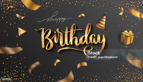 인사말 카드 및 초대장에 대 한 생일 타이포 그래피 디자인 풍선 색종이 및 선물 상자 금과 검은 색으로 우아한 디자인 생일 축