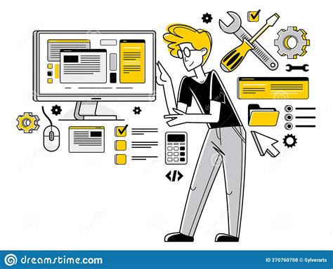 Technician Computer Engineer Repairing Pc Vector Outline Illustration