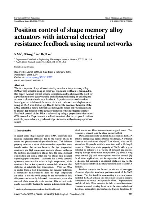 Pdf Position Control Of Shape Memory Alloy Actuators With Internal Electrical Resistance