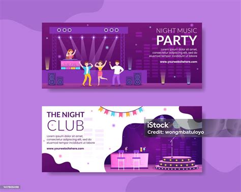 Dj 나이트 클럽 파티 수평 배너 템플릿 손으로 그린 만화 플랫 일러스트 레이 션 Dj에 대한 스톡 벡터 아트 및 기타 이미지