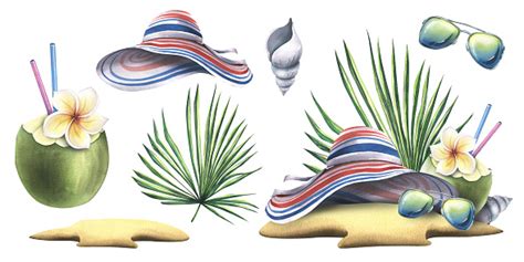 선글라스 열대 야자수 잎 코코넛과 조개 껍질로 만든 칵테일이 있는 모래 위의 줄무늬 여름 해변 모자 수채화 그림 손으로 그린 흰색 배경에 격리된 개체 집합입니다 밀짚 모자에