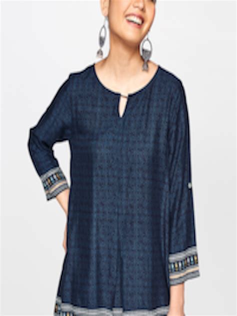 Buy Global Desi Blue And White Print Keyhole Neck Top Tops For Women