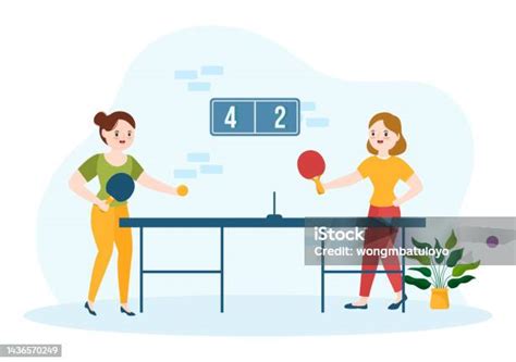 라켓과 탁구 스포츠를하는 사람들 플랫 만화 손으로 그린 템플릿 일러스트레이션에서 탁구 게임 경기의 공 Championship에 대한 스톡 벡터 아트 및 기타 이미지 Istock