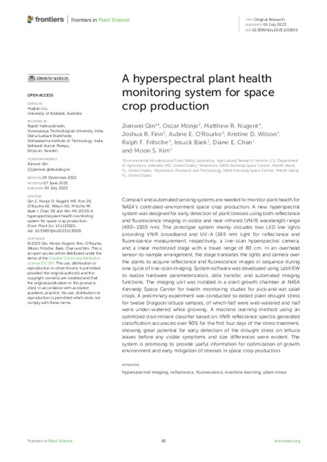 Pdf A Hyperspectral Plant Health Monitoring System For Space Crop Production