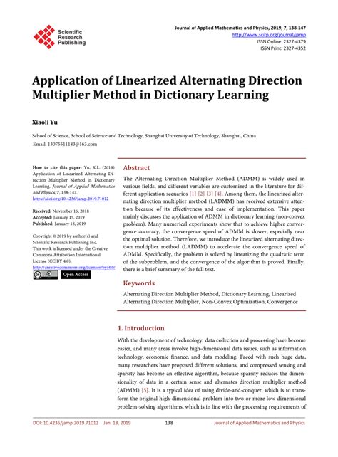 Pdf Application Of Linearized Alternating Direction Multiplier Method In Dictionary Learning
