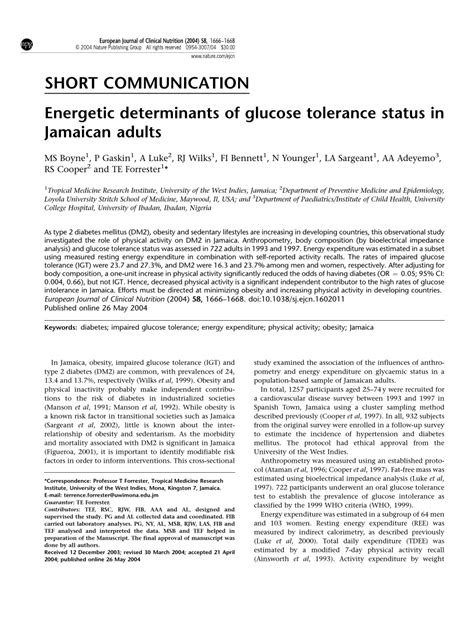 Pdf Energetic Determinants Of Glucose Tolerance Status In Jamaican Adults