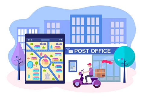 오토바이의 우편 직원은 소포 및 서신 전자 장치를 사용하여 지리적 위치의 결정을 제공합니다 개념에 대한 스톡 벡터 아트 및 기타 이미지 Istock