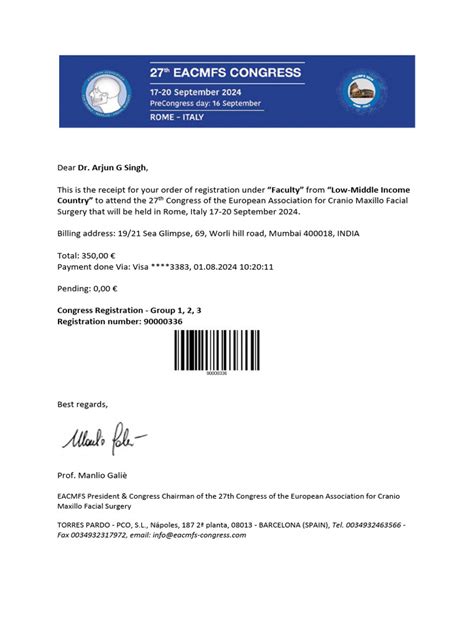 Receipt For Eacmfs Congress Registration Pdf