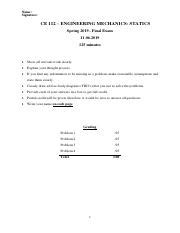 CE112 Final Samplee Pdf Name Signature CE 112 ENGINEERING MECHANICS STATICS Spring 2019