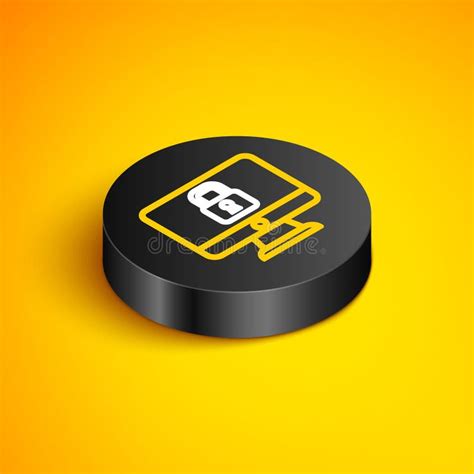 Isometric Line Lock On Computer Monitor Screen Icon Isolated On Yellow Background Security
