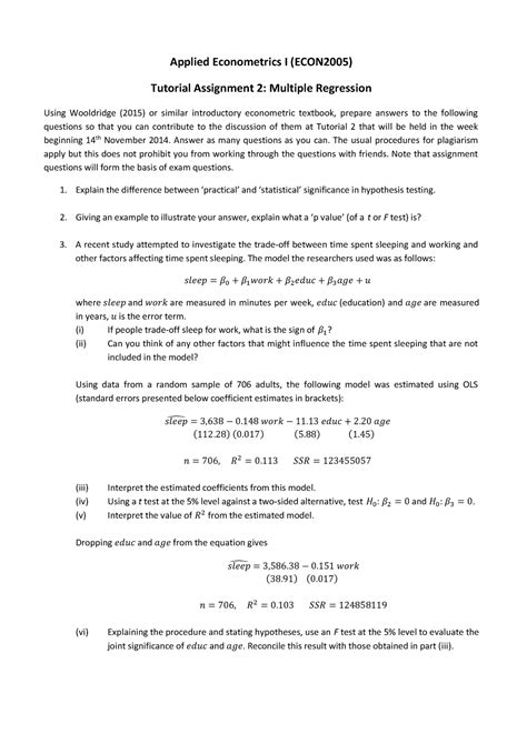 Tutorial Assignment 2 Applied Econometrics I Econ2005 Tutorial
