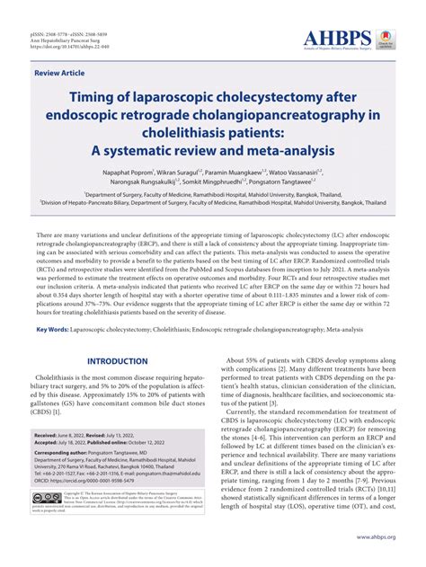 Pdf Timing Of Laparoscopic Cholecystectomy After Endoscopic Retrograde