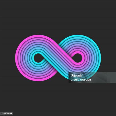 인피니티 로고 또는 사이버 펑크 끝없는 심볼 핑크와 블루 그라디언트 겹치는 다층 줄무늬 라운드 무한 3d 기하학적 모양 무한에