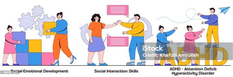사회적 정서적 발달 사회적 상호 작용 기술 Adhd 작은 사람들과 주의력 결핍 과잉 행동 장애 개념 아동 심리학 추상 벡터 일러스트 레이션 세트 벡터에 대한 스톡 벡터 아트