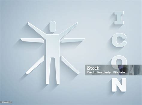 회색 배경에 고립 된 레오나르도 다빈치 아이콘에 의해 종이 컷 Vitruvian 남자 인간의 해부학 종이 아트 스타일 벡터 3차원 형태에 대한 스톡 벡터 아트 및 기타