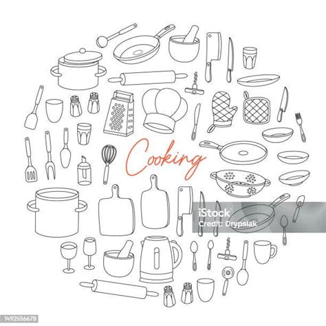 원형 디자인의 주방 용품 세라믹 접시 머그잔 컵 와인 잔 프라이팬 체 소쿠리 요리 장갑 강철 강판 박격포 롤링 핀 가정 생활에 대한 스톡 벡터 아트 및 기타 이미지 Istock