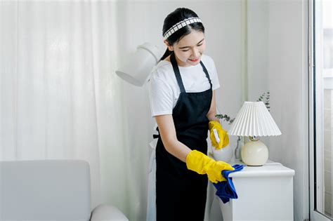 청녀들은 청소용 천과 소독 스프레이를 사용하여 집안의 탁자를 닦고 바닥을 걸레질한다 청소 직원 청소 메이드 20 24세에 대한 스톡 사진 및 기타 이미지 Istock