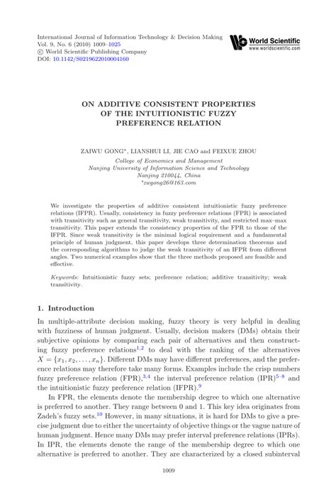 Pdf On Additive Consistent Properties Of The Intuitionistic Fuzzy