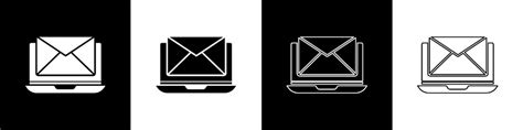 흑백 배경에서 격리된 화면 아이콘에 봉투와 열이메일이 있는 랩톱을 설정합니다 이메일 마케팅 인터넷 광고 개념 벡터 일러스트레이션 마케팅에 대한 스톡 벡터 아트 및 기타