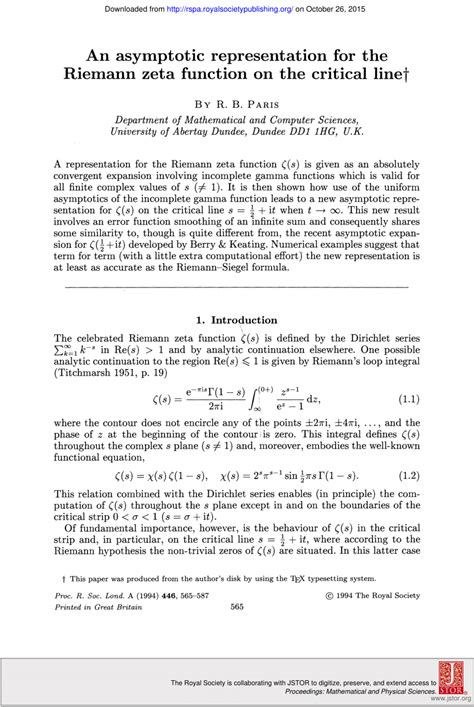 Pdf An Asymptotic Representation For The Riemann Zeta Function On The