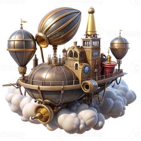 Steampunk Dirigível Fantasia Render Uma Preso às Nuvens Latão E Ouro