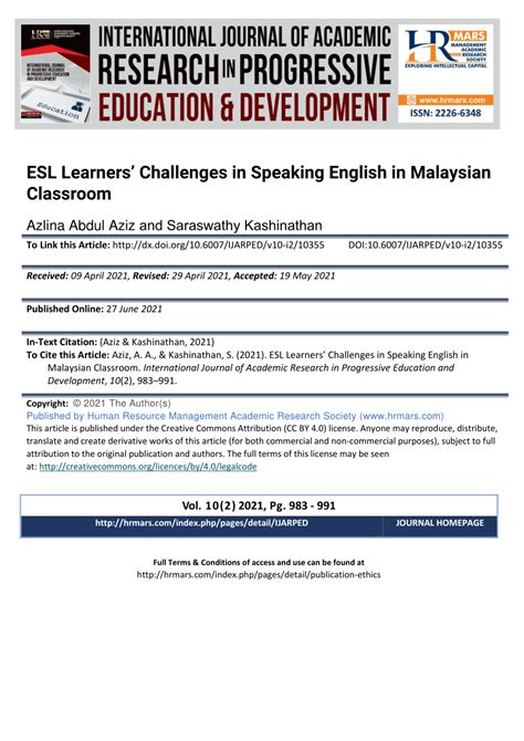 Pdf Esl Learners Challenges In Speaking English In Malaysian Classroom