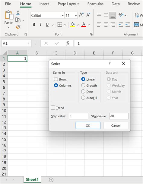 Sequence Of Numbers In Excel Using User Interface