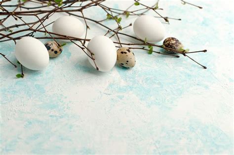 Springtime Holiday Seasonal Background Eggs And Fresh Greenery